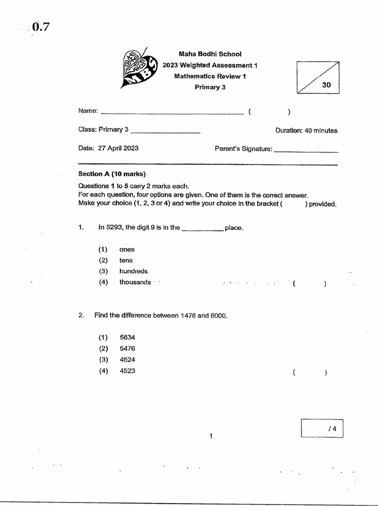 7 P3 Maths 2023 WA1 Mahabodhi | PDF