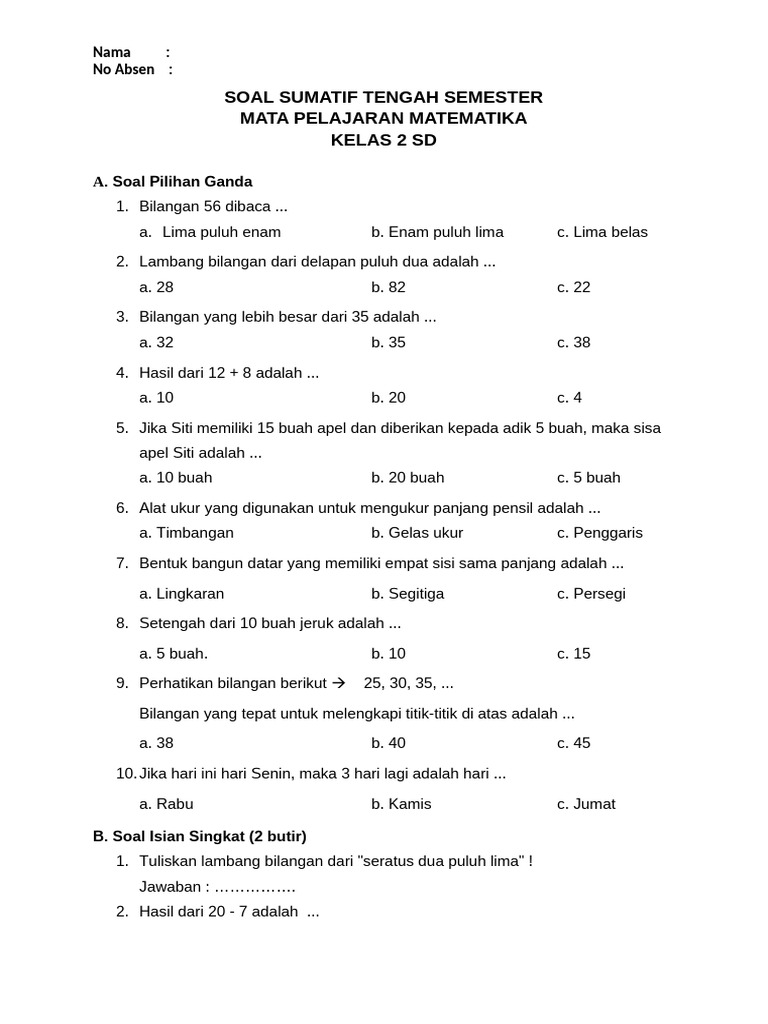 Soal STS MTK Kelas 2 | PDF