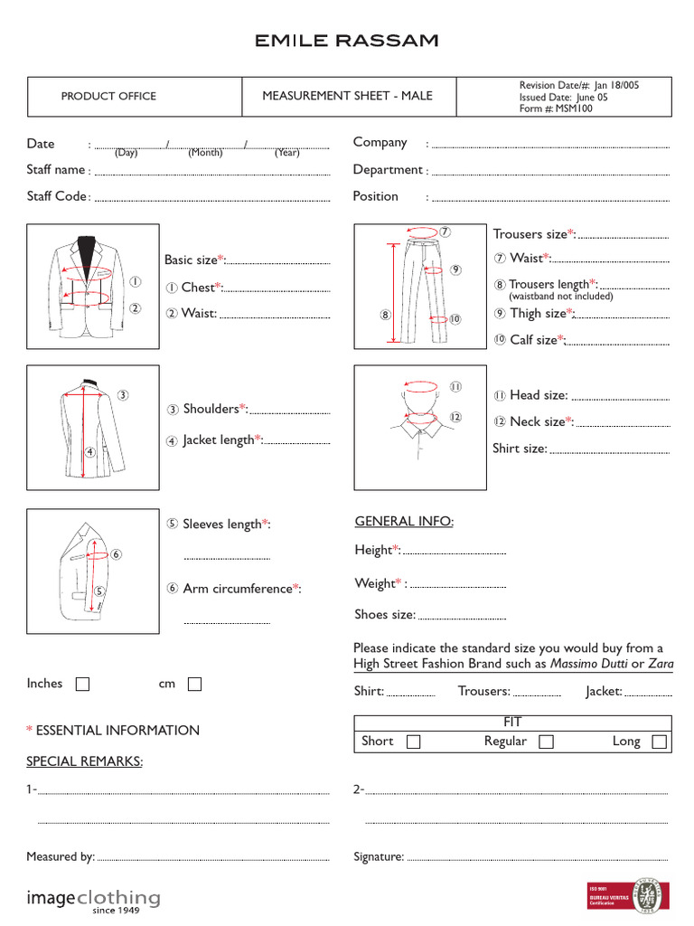 Male Measurement Sheet Guide | PDF | Waist | Human Appearance