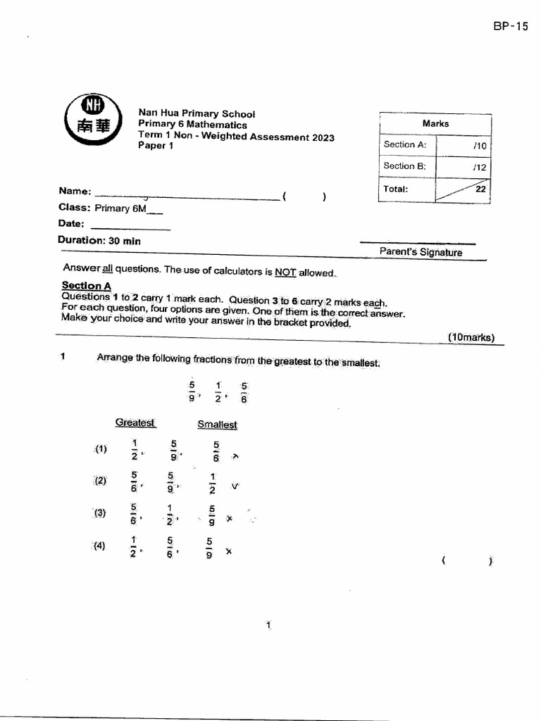 2 P6 Maths 2023 WA1 Nanhua | PDF