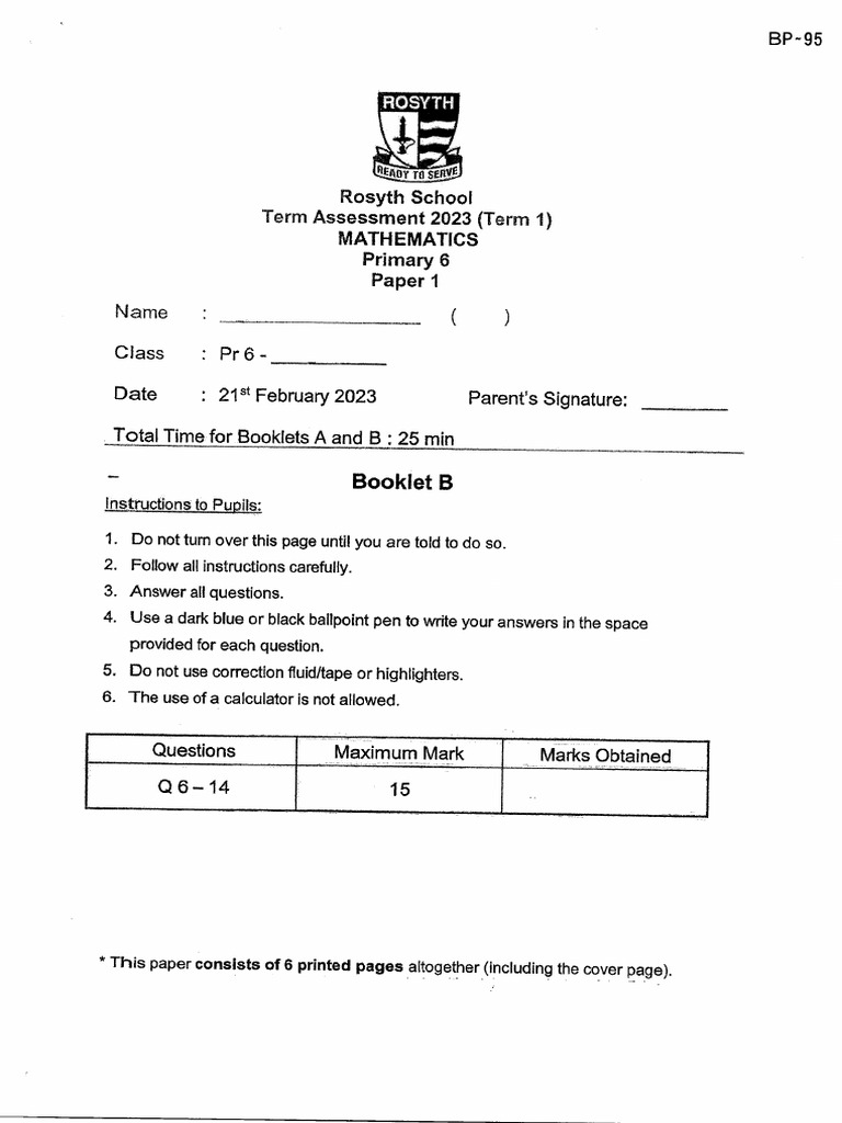 5 P6 Maths 2023 WA1 Rosyth | PDF