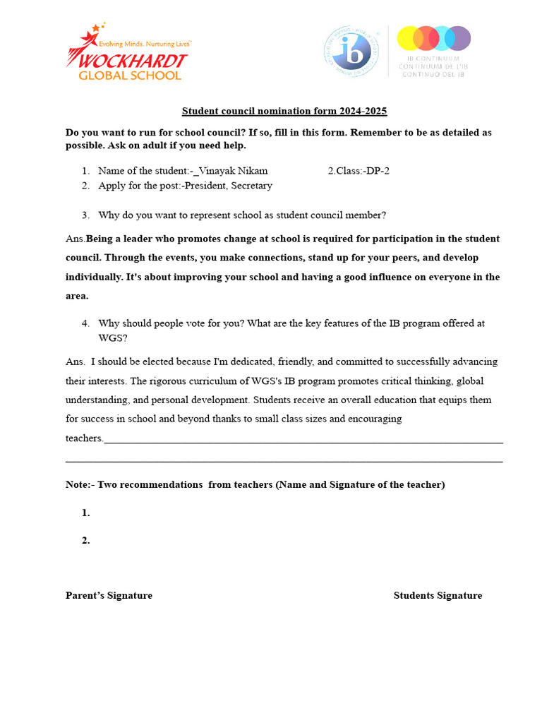 Nomination Form for Student Council 2024 | PDF
