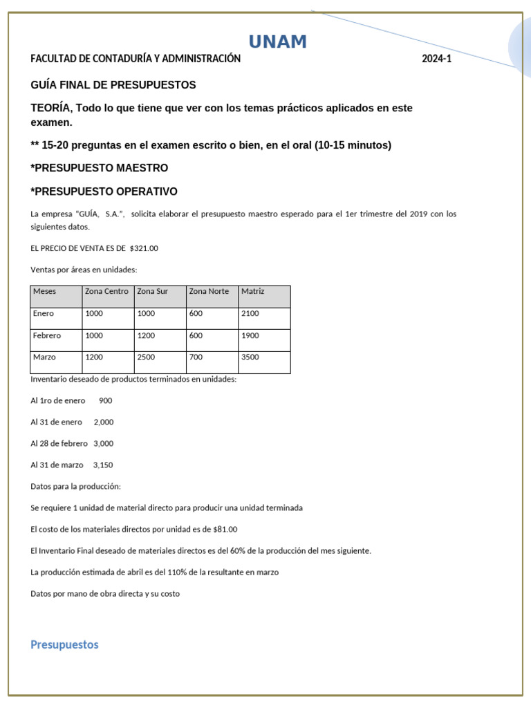 GUÃ A PARA EL EXAMEN FINAL DE PRESUPUESTOS | PDF | Presupuesto | Contabilidad