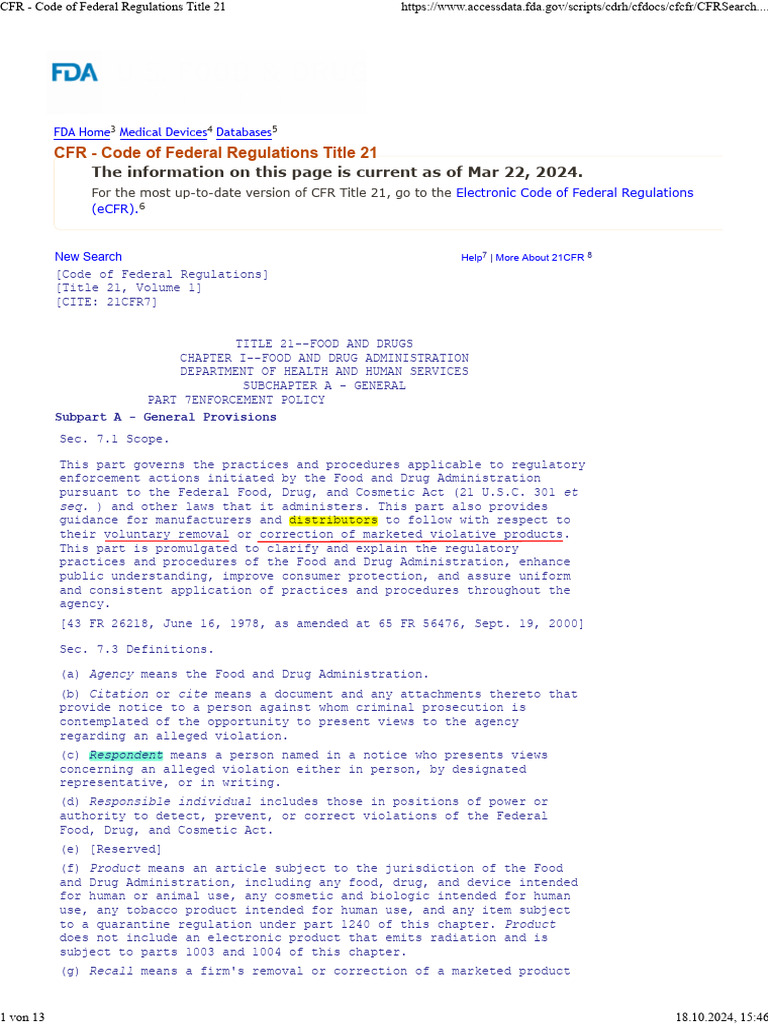 CFR - Code of Federal Regulations Title 21 | PDF | Food And Drug ...