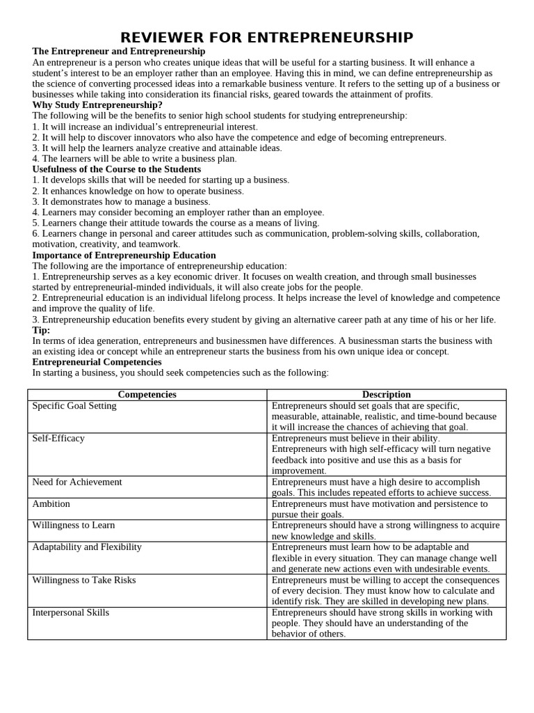 Reviewer For Entrepreneurship | PDF | Entrepreneurship | Goal