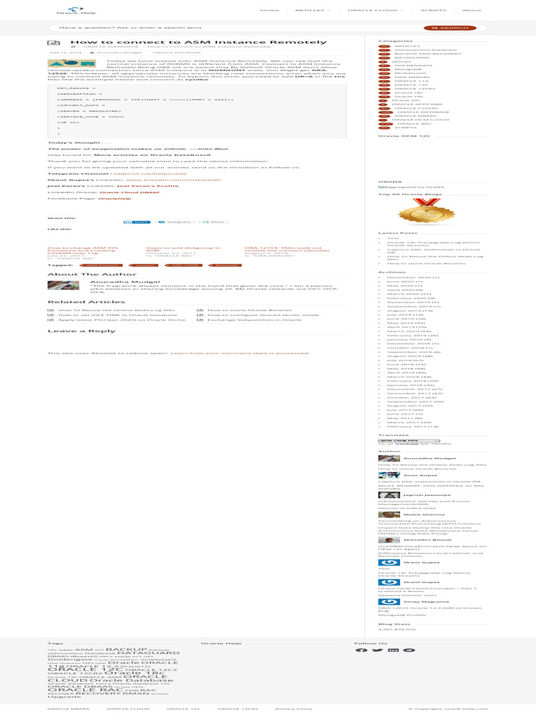 ORACLE-HELP - How To Connect To ASM Instance Remotely | PDF | Oracle ...