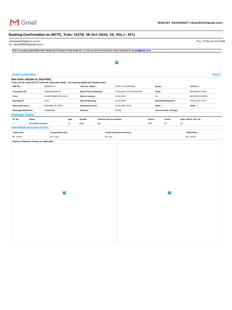 Booking Confirmation On IRCTC, Train - 12279, 18-Oct-2024, 2S, VGLJ ...