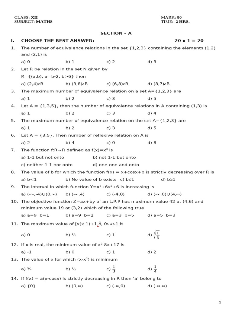 Xii - Maths Q.P 1 | PDF | Function (Mathematics) | Mathematical Objects Xii - Maths Q.P 1 | PDF | Function (Mathematics) | Mathematical Objects