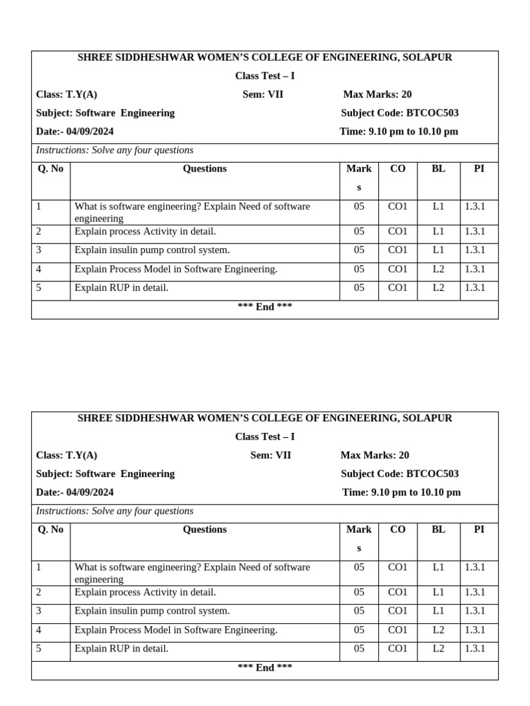 Software Engineering Class Test Questions | PDF