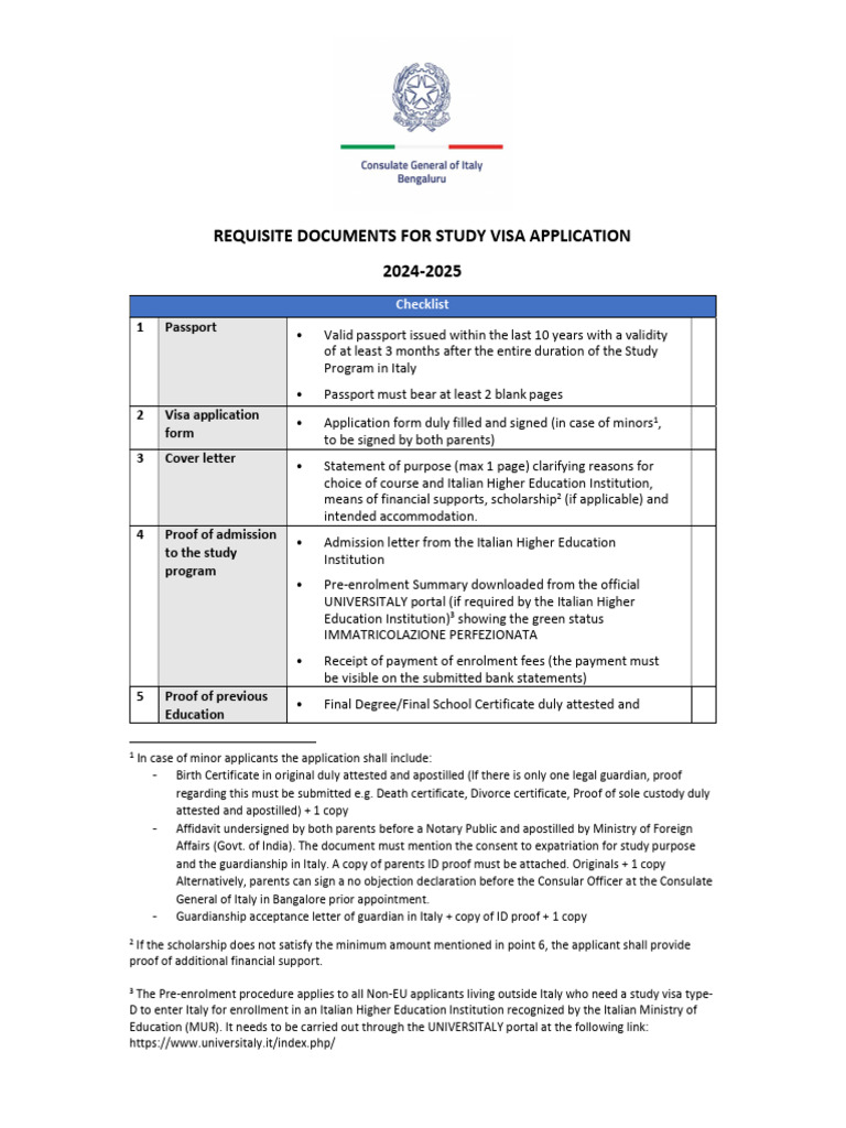 Checklist STUDY VISA 24 25 BANGALORE | PDF | Travel Visa | Passport