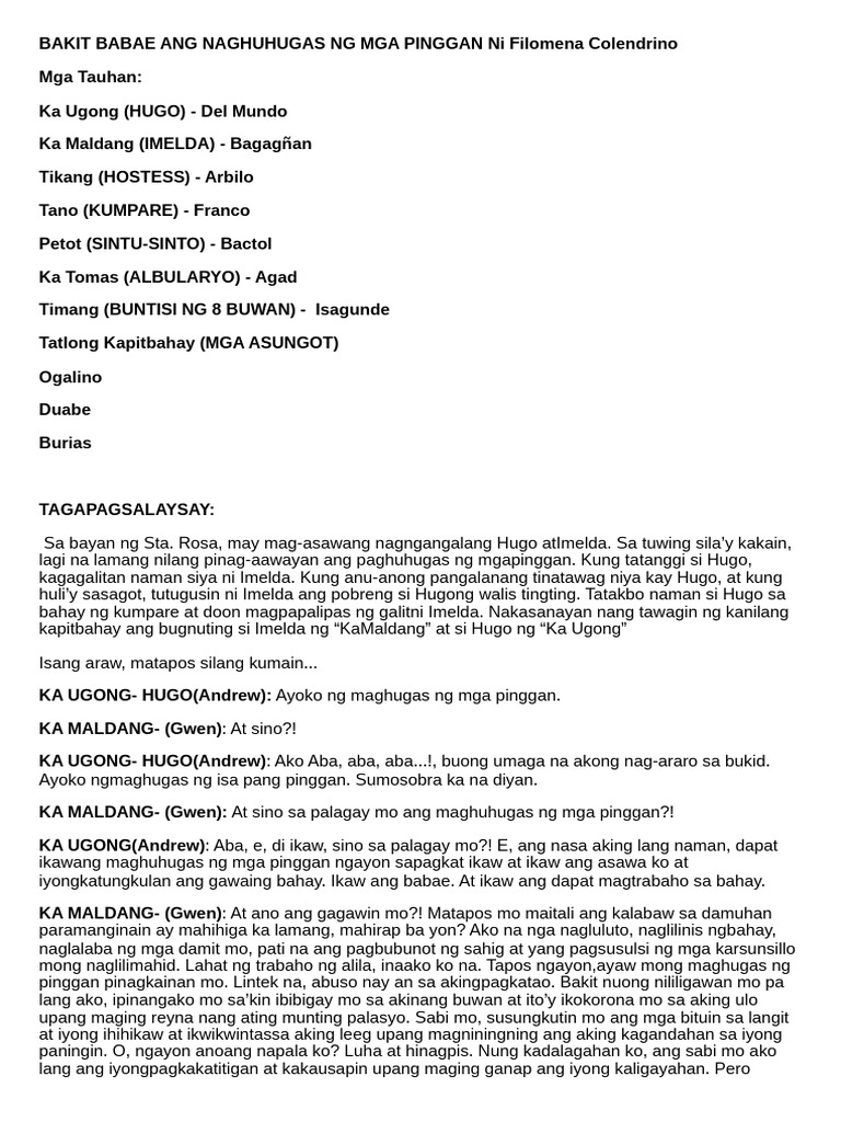 BAKIT BABAE ANG NAGHUHUGAS NG MGA PINGGAN Ni Filomena Colendrino - Docx ...