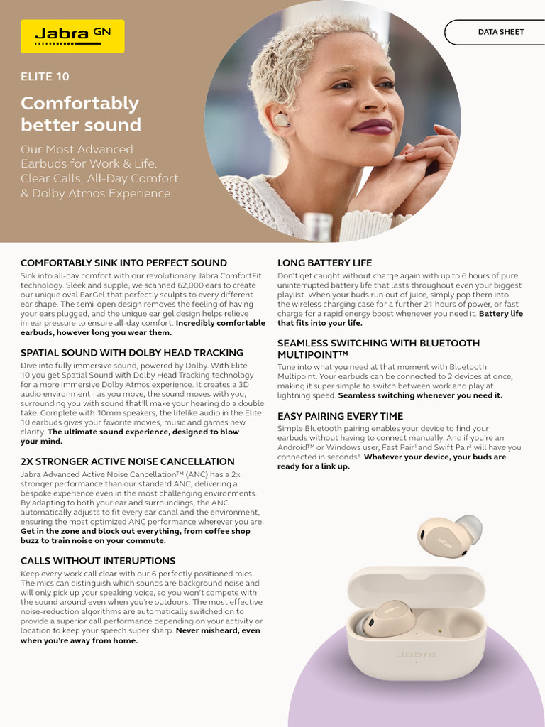 En Jabra Elite 10 Data Sheet A4 231123 WEB | PDF | Headphones | Bluetooth