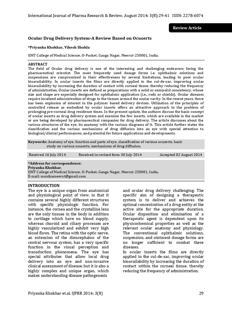 Ocular Drug Delivery System A Review Bas | PDF | Cornea | Topical ...