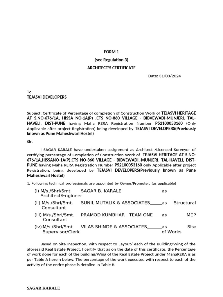 Form 1 Architects Certificate RERA | PDF | Sewage Treatment ...