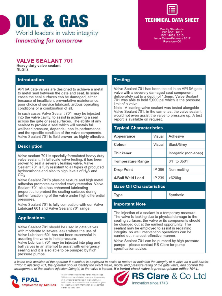 TDS Valve Sealant 701 20170922 | PDF | Valve | Pump