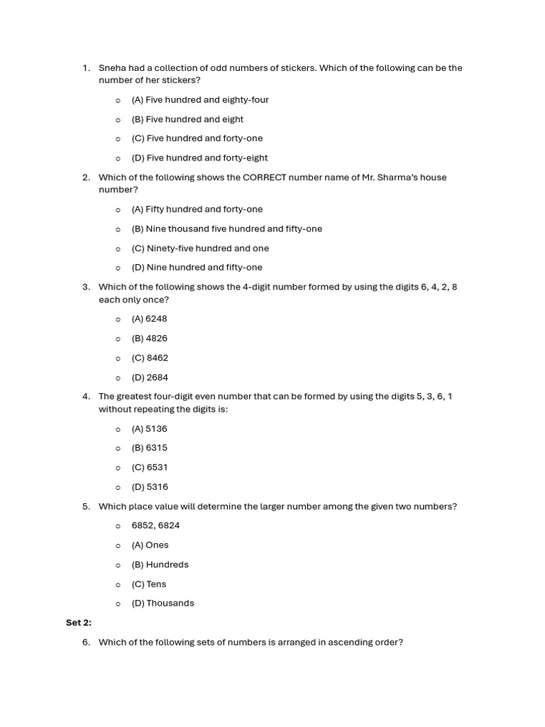 NUMBER SENSE SET 2 | PDF | Mathematics | Arithmetic
