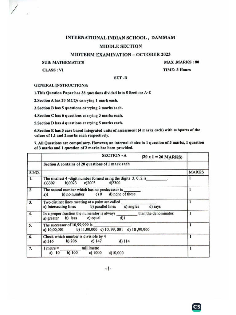 Maths Mid Term Question Paper Set B Pdf