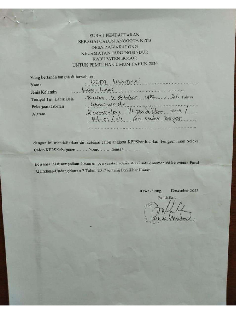 Surat Pendaftaran Dedi | PDF