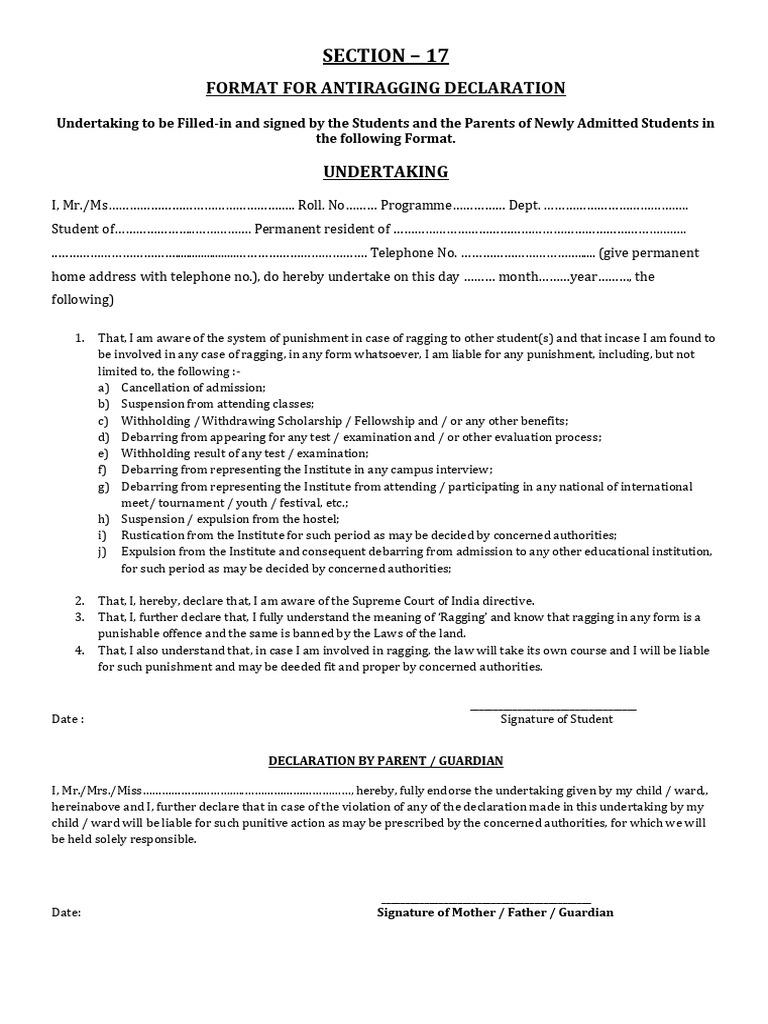 Section 17 - Format For Anti Ragging Declaration | PDF | Human Rights ...