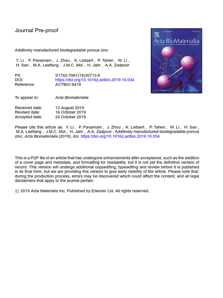 Journal Pre-Proof: Acta Biomaterialia | PDF | Magnesium | Scanning ...