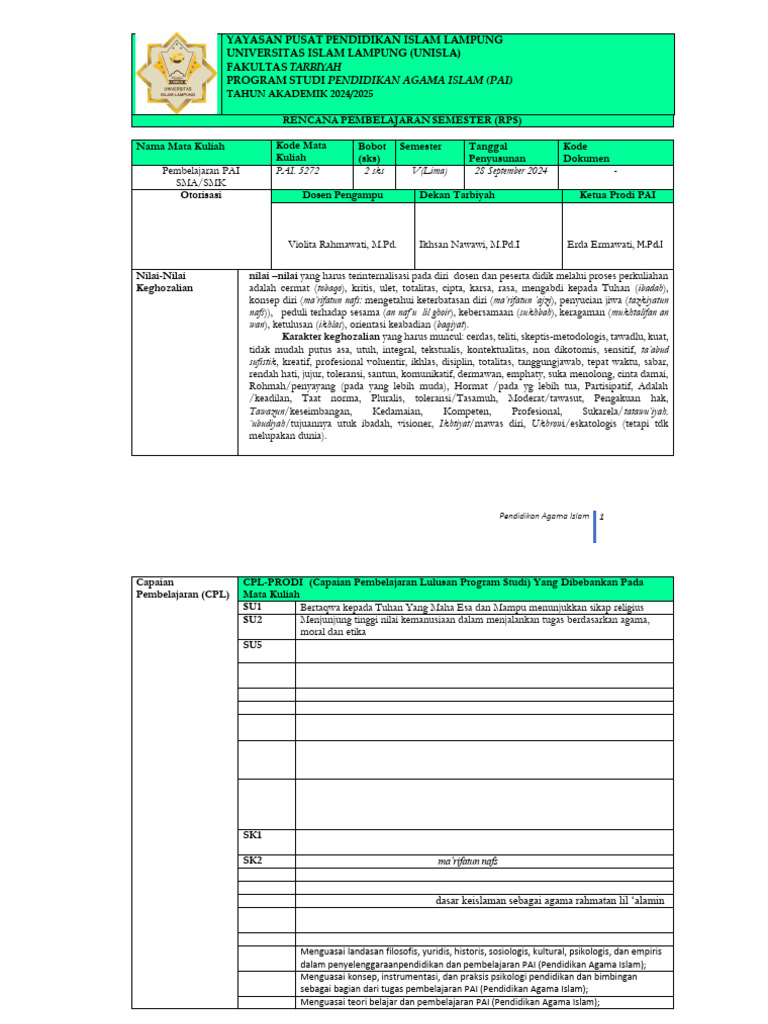 RPS Pembelajaran Pai Di Sma SMK V | PDF