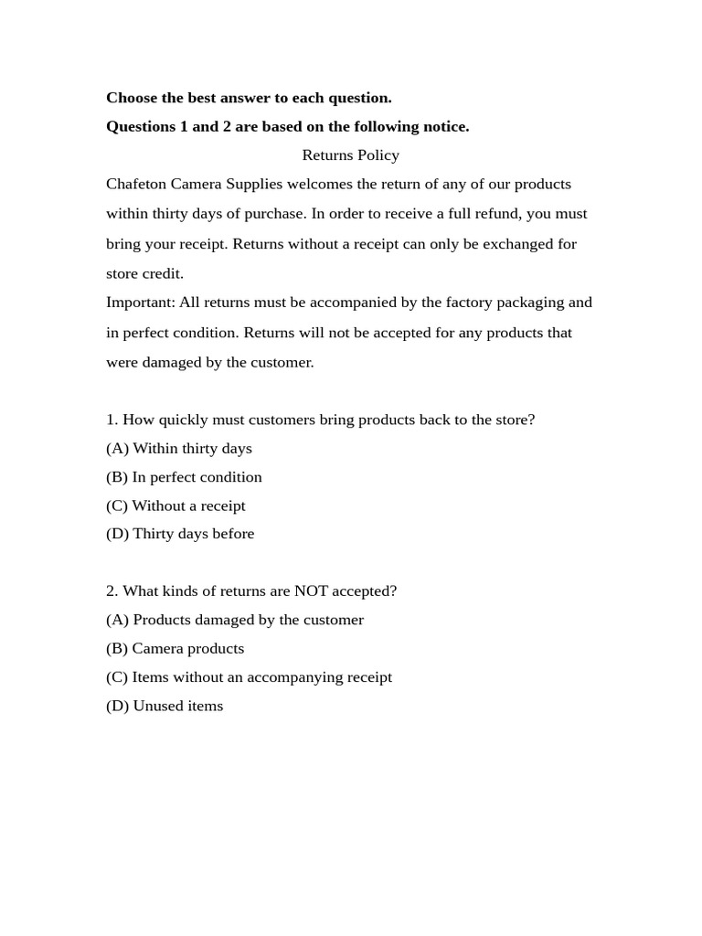 Choose The Best Answer To Each Question. Questions 1 and 2 Are Based On ...