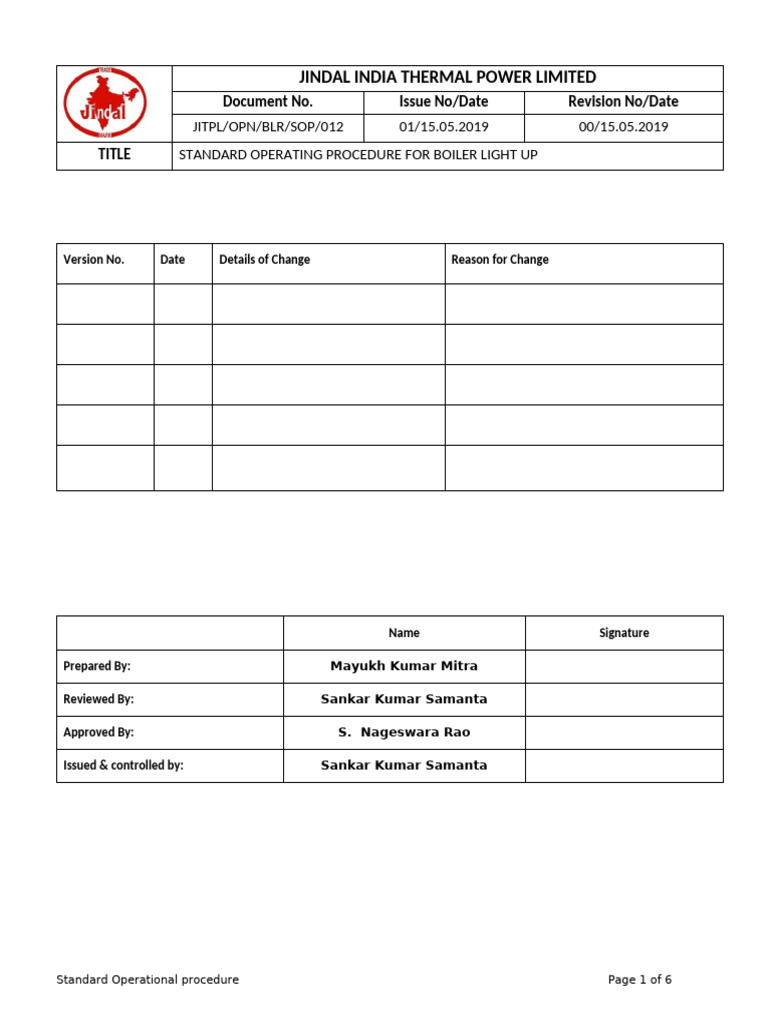 012 - Jitpl - Opn - BLR - Sop - Boiler Light Up | PDF | Boiler | Steam
