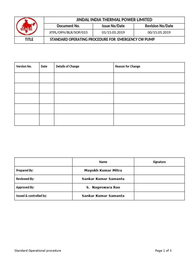 Emergency Cooling Water Pump SOP | PDF | Pump