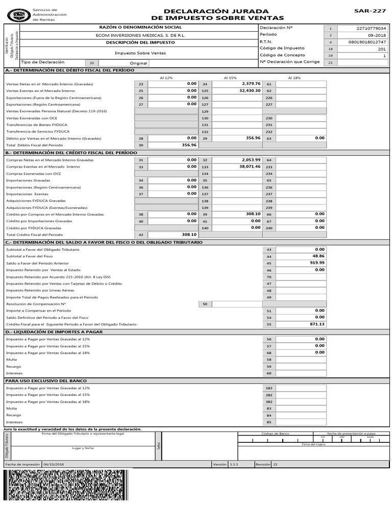 Declaracion ECOM Sep-2018 ISV | PDF | Tarjeta de crédito | Impuestos