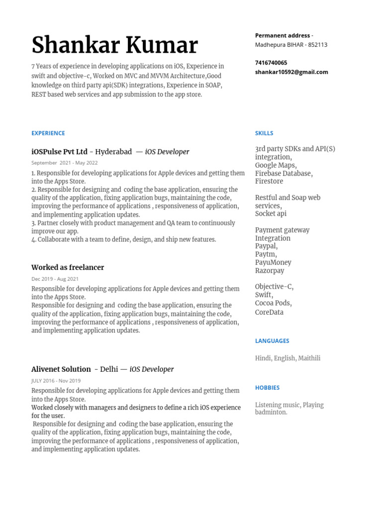 iOS Developer Resume: Shankar Kumar | PDF | Ios | Mobile App