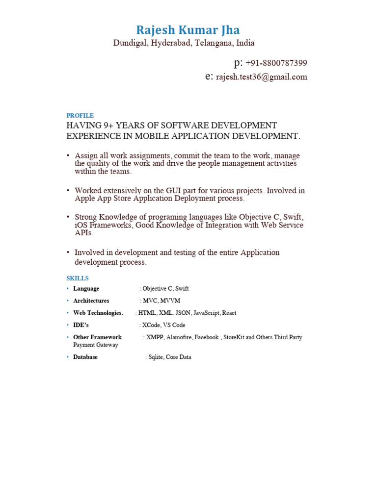 Rajesh Resume | PDF | Ios | Application Software