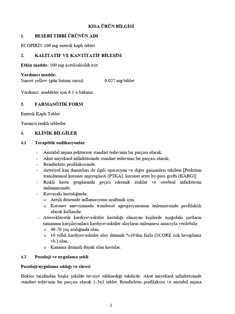 Ecopirin 100 MG Enterik Kaplı Tablet | PDF