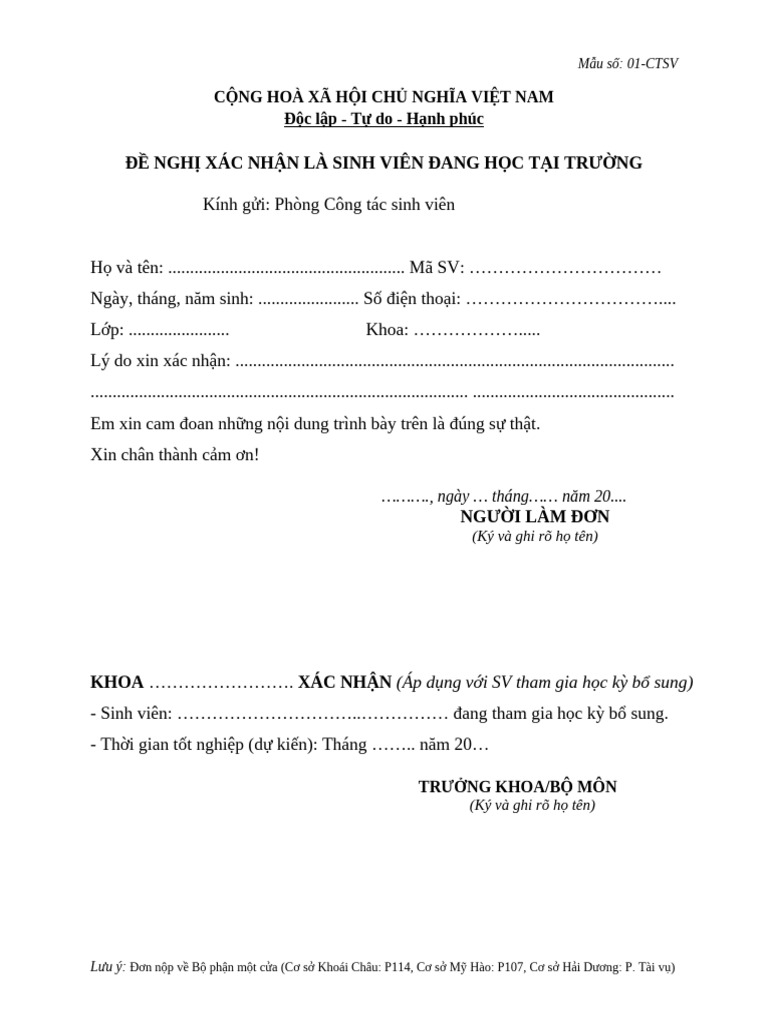 Mau 01 - Don de Nghi Xac Nhan SV Dang Hoc Tai Truong | PDF