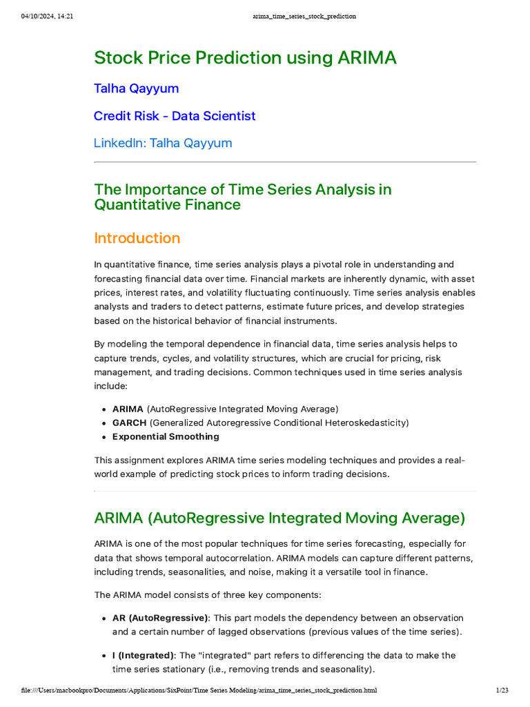Arima Time Series Stock Prediction | PDF | Autoregressive Integrated Moving Average | Time Series