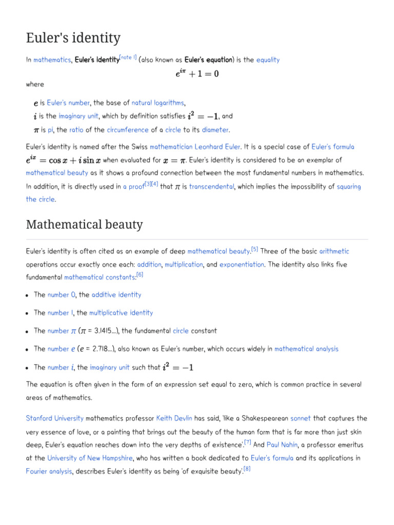 Eulers Identity Wikipedia Pdf Complex Number Numbers