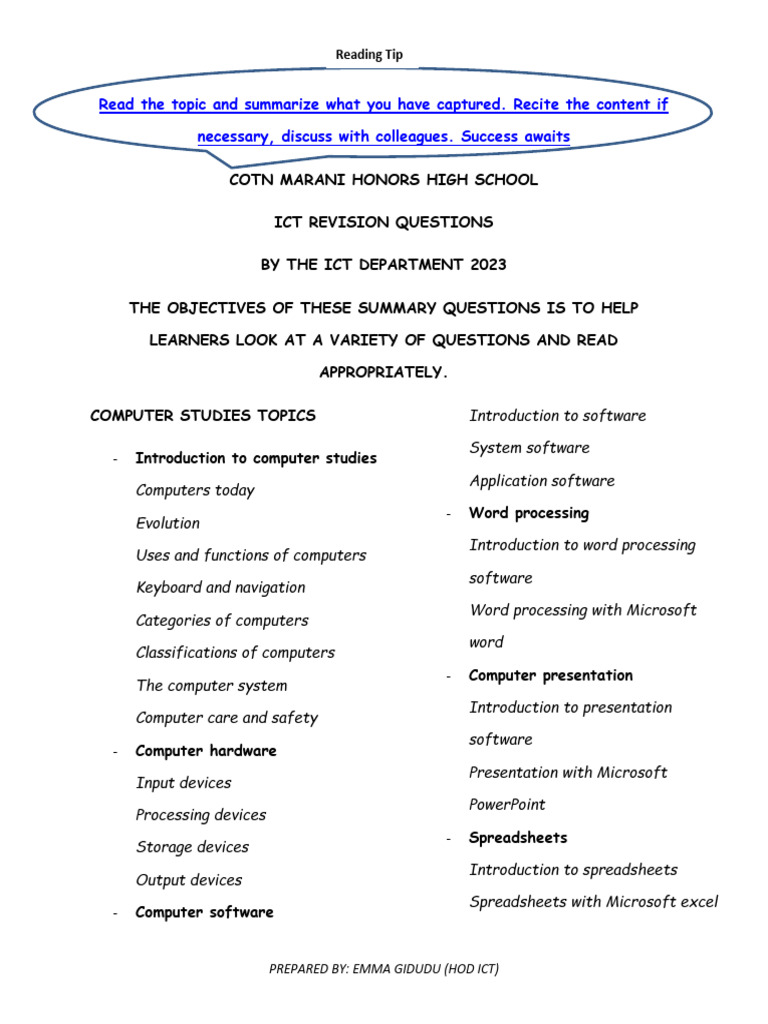ICT REVISION QUESTIONS | PDF | Computer Network | Spreadsheet