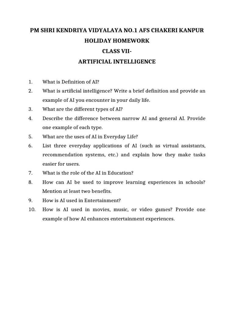 Class 6 - Artificial Intelligence Holiday Homework | PDF | Career & Growth | Computers