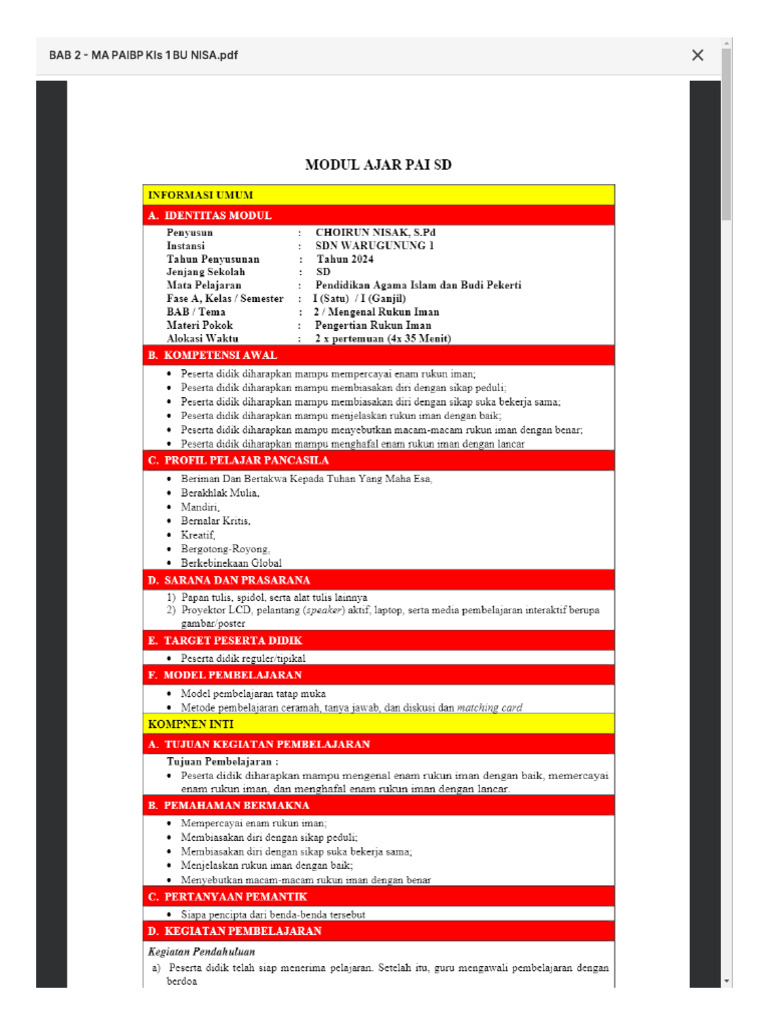 Modul PAI KELAS 1 BBU NISAK | PDF