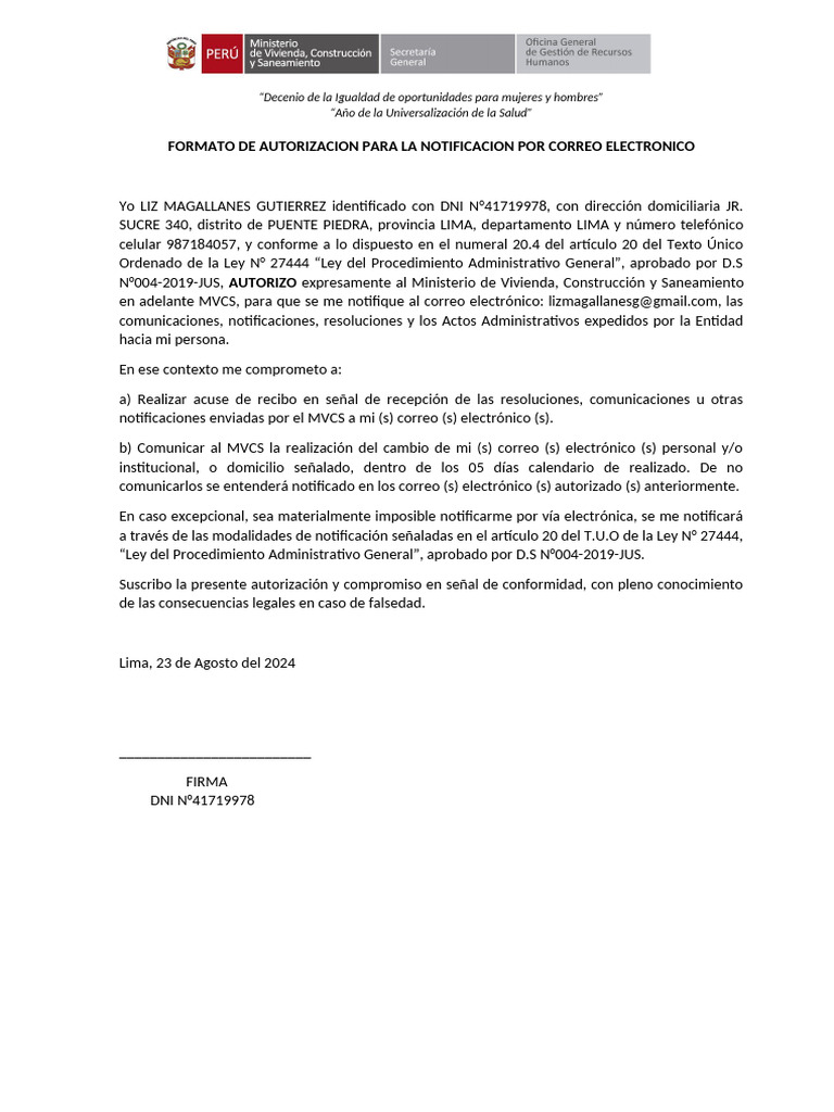 Formato de Autorizacion Del Servicio de Notificacion Por Correo ... Formato de Autorizacion Del Servicio de Notificacion Por Correo ...