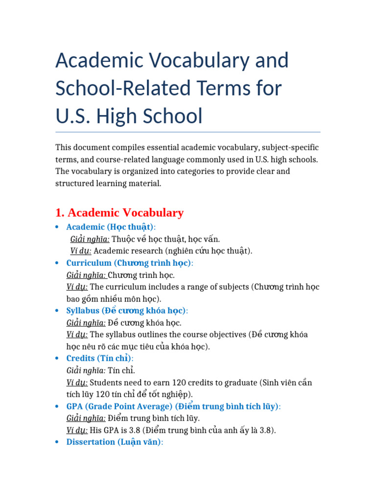 Academic Vocabulary US High School | PDF