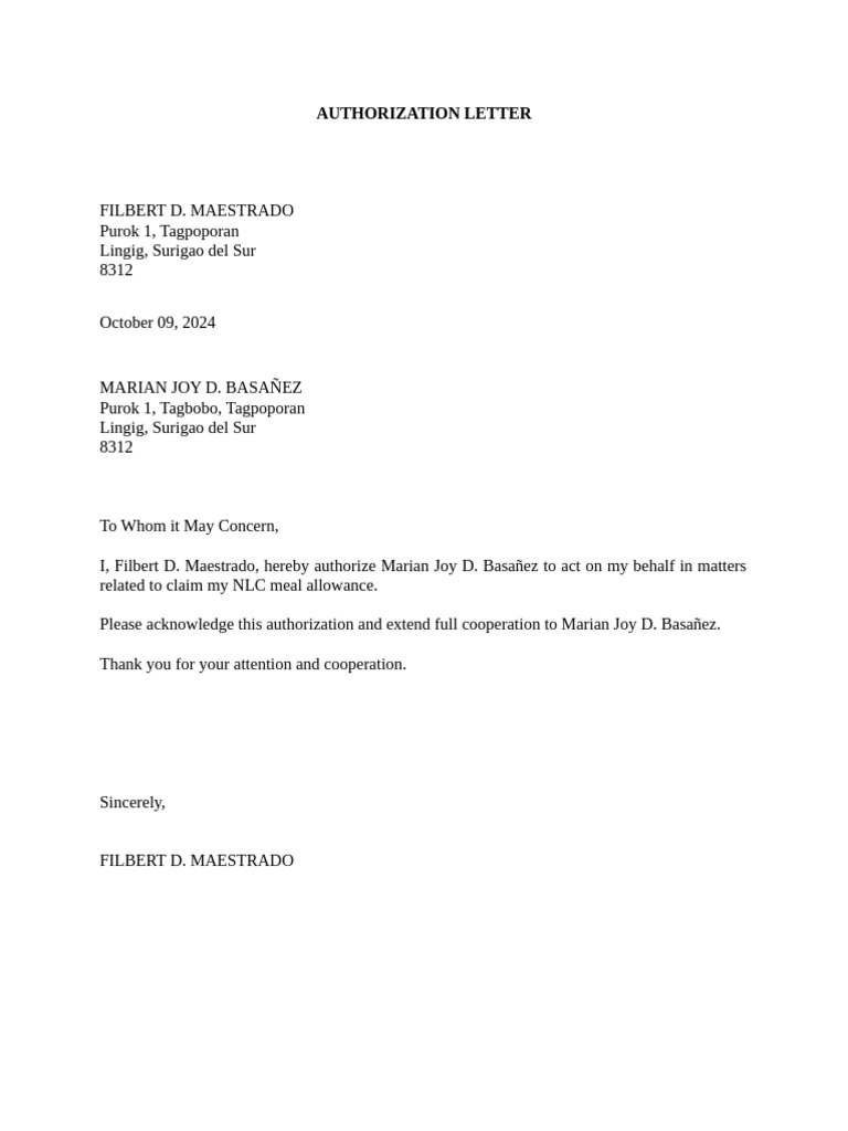 Authorization Letter for Meal Allowance | PDF | Wellness