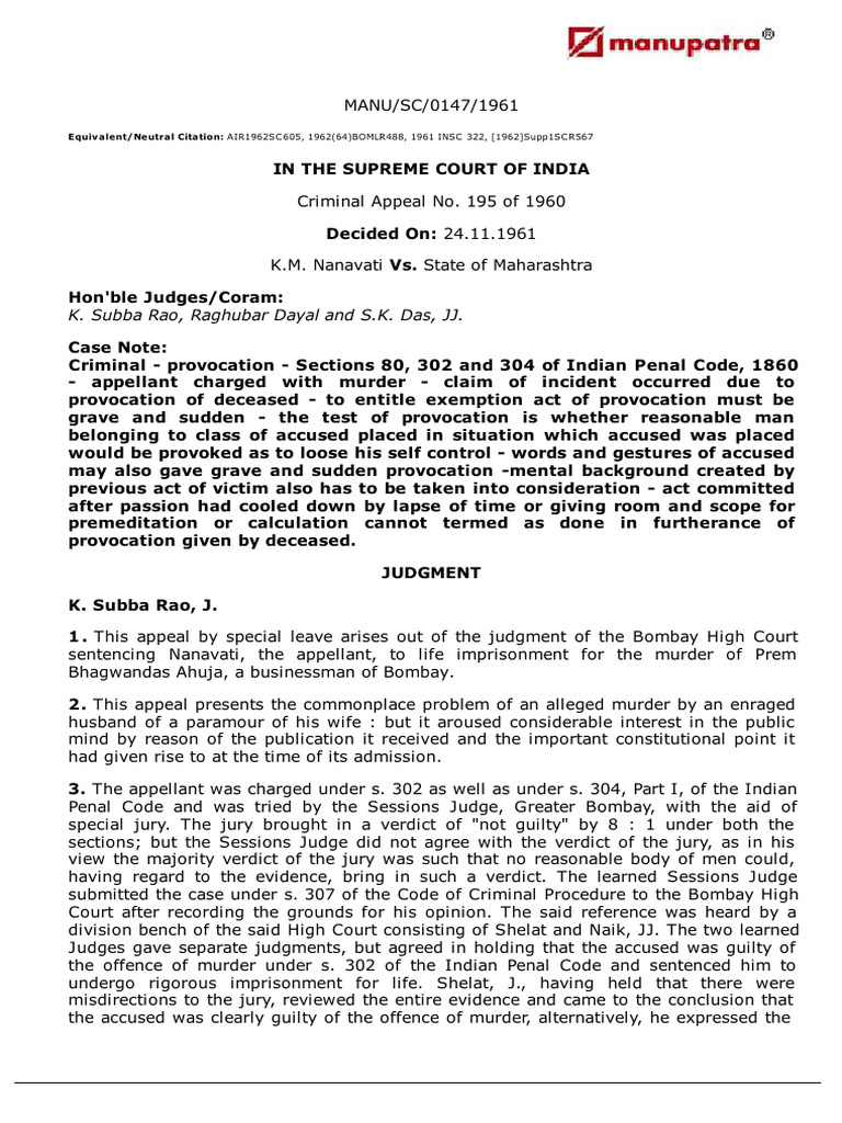 KM Nanavati Vs State of Maharashtra 24111961 | PDF | Acquittal | Verdict