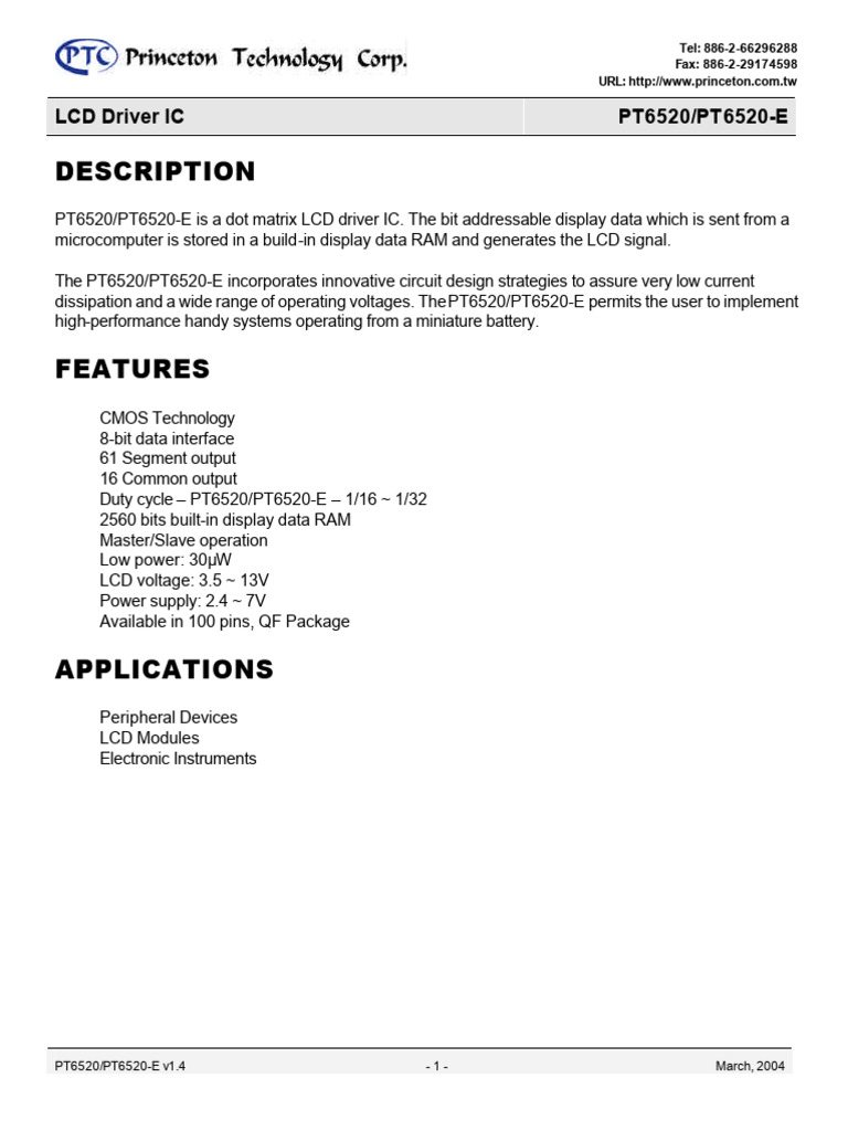 PT6520/PT6520-E LCD Driver IC Guide | PDF | Liquid Crystal Display ...