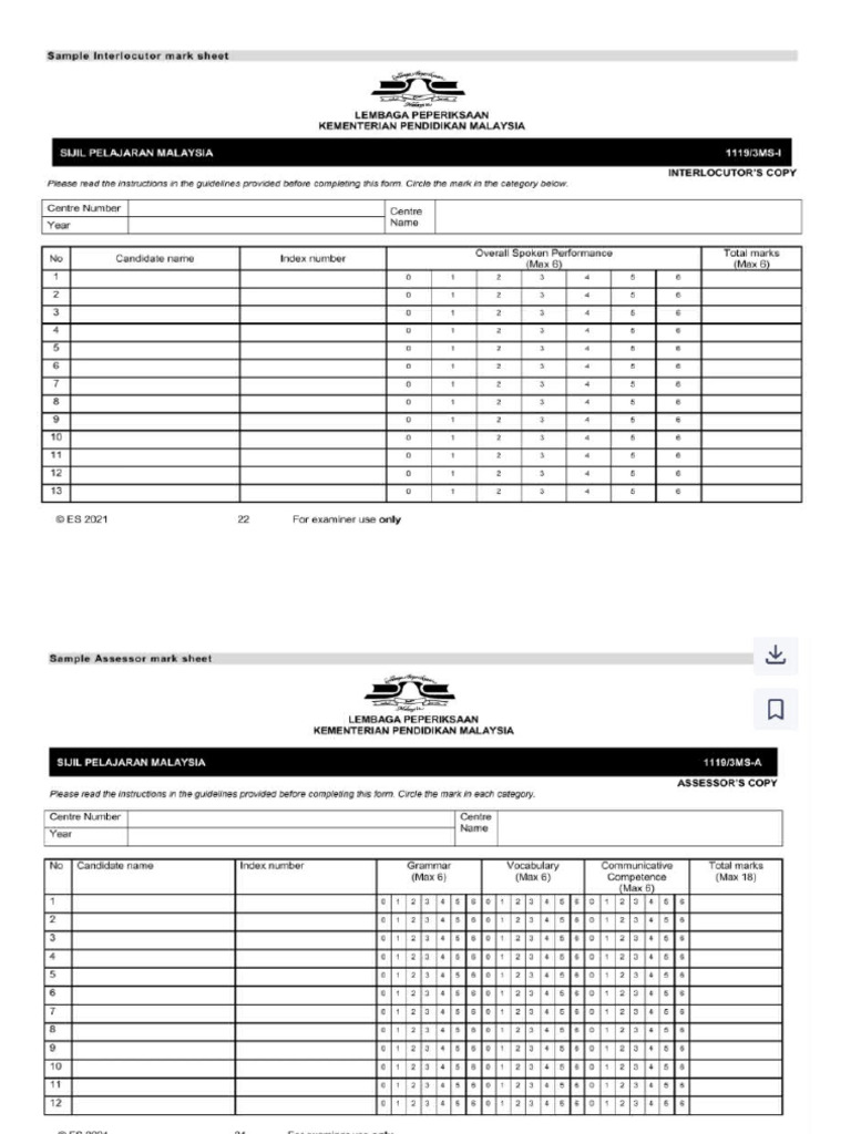 Assessor and Interlocutor Mark Sheets | PDF