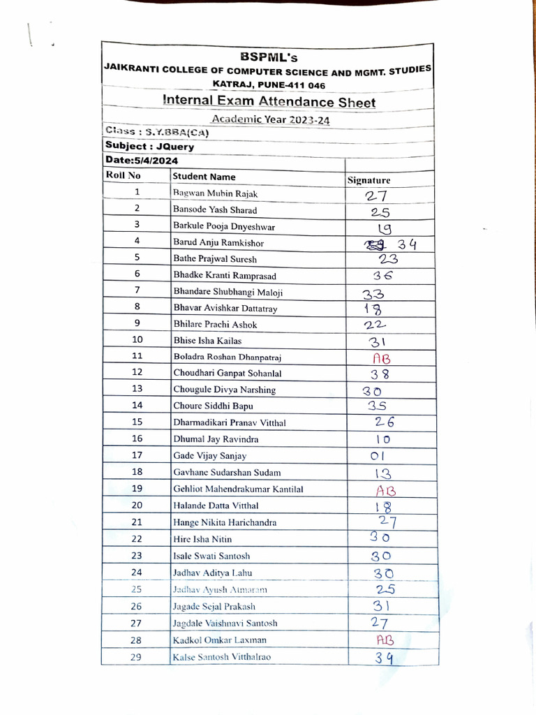 JQuery Internal Marks | PDF
