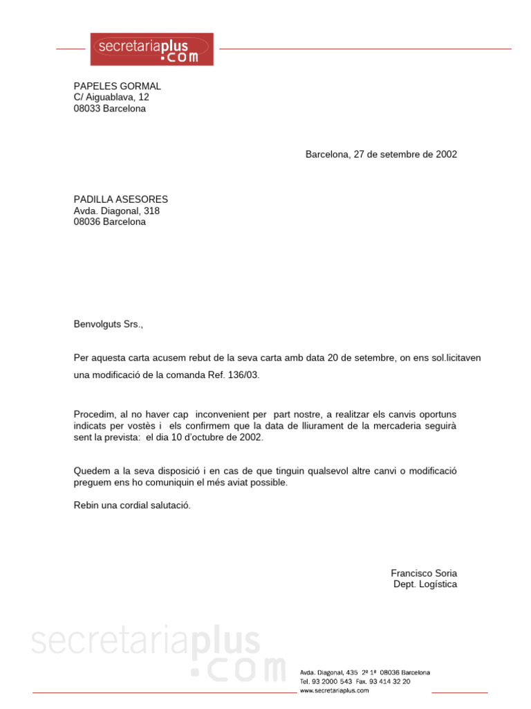 Carta Acuse Recibo Modificacion Pedido Catalan | PDF