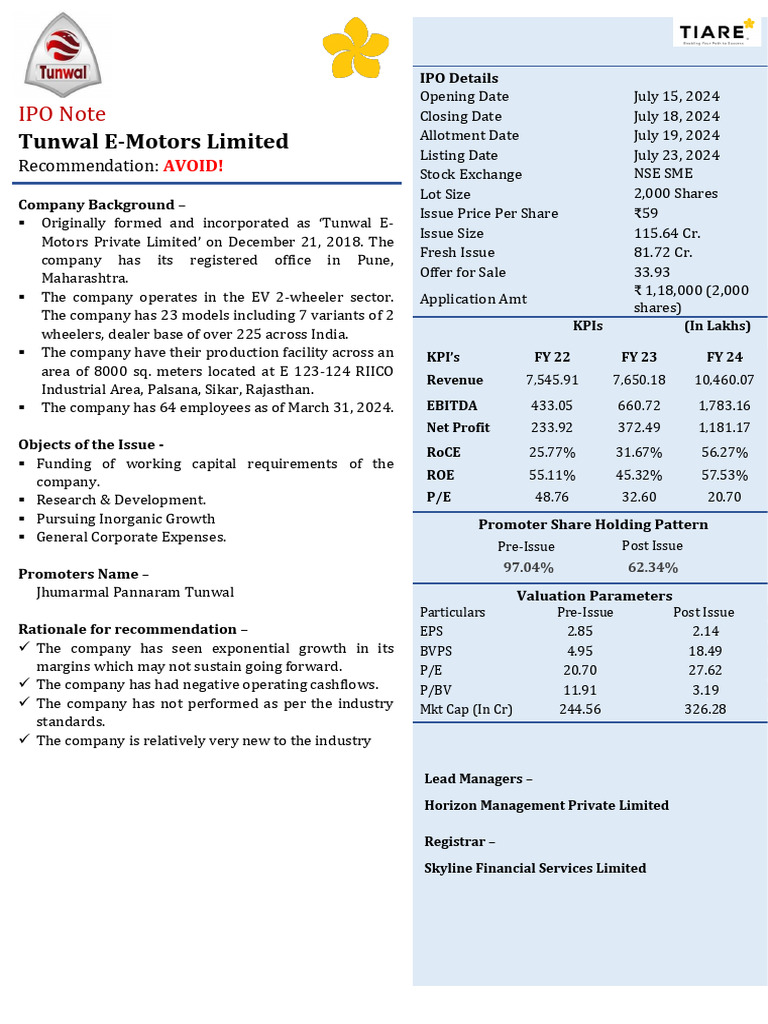 IPO Note Tunwal E Motors Limited | PDF | Electric Vehicle | Equity (Finance)