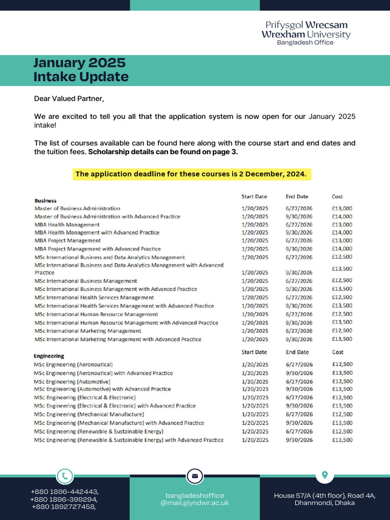 January intake 2025 Wrexham University | PDF | Bangladesh | Educational Stages