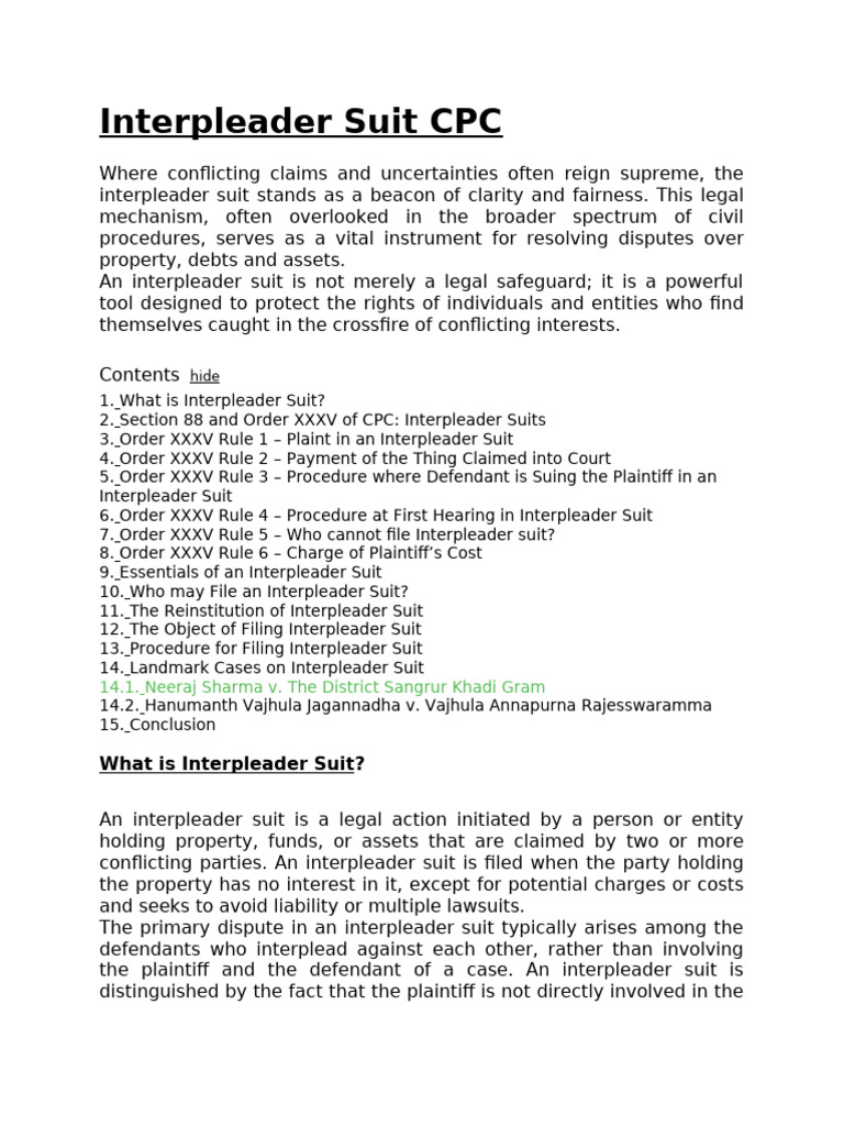 Interpleader Suit CPC | PDF | Lawsuit | Civil Procedure