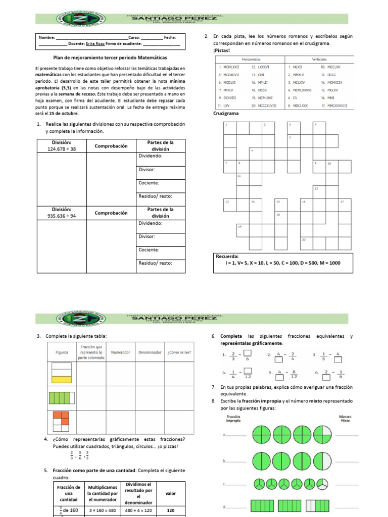 Matematicas Plan De Mejoramiento Tercer Periodo Pdf División
